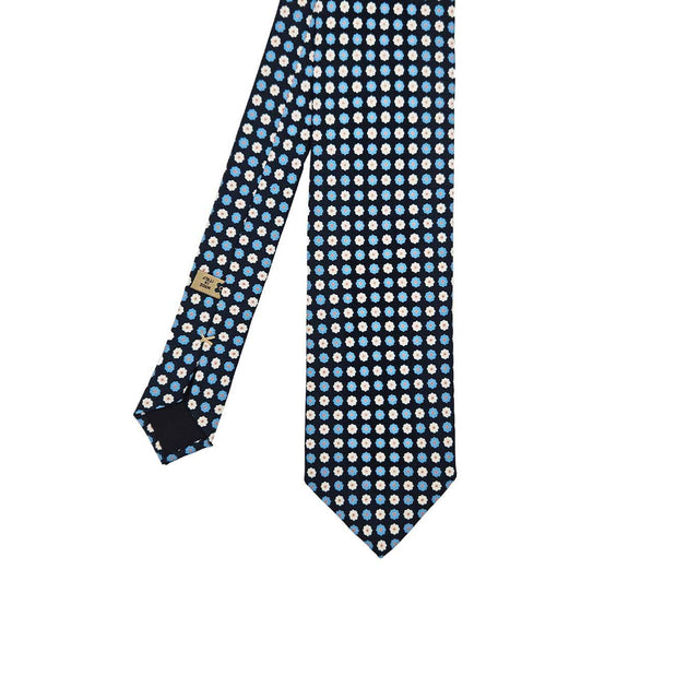 Blue printed silk tie with light blue and white floral pattern