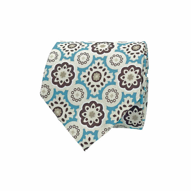 TOKYO - Light blue, brown & beige diamonds printed silk hand made tie