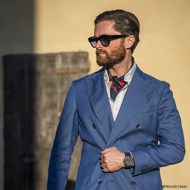 Blue printed red diamonds silk neckerchief